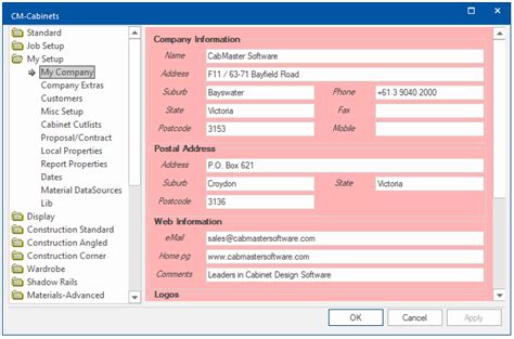 Saving Default Properties Cabmaster Software