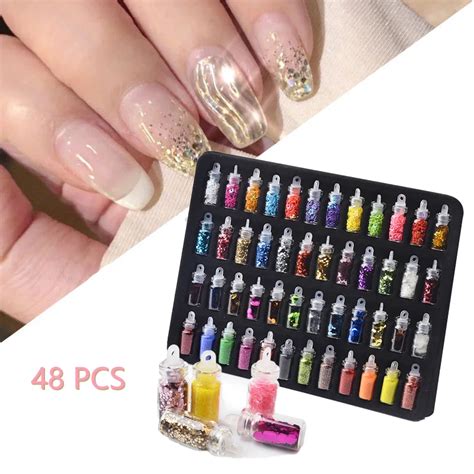 Diy 반짝이 비즈 스팽글 장식 세트 네일 아트 스티커 3d 글리터 파우더 매니큐어 세트 48 믹스 색상 2023 신제품