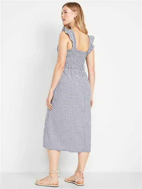 Fit And Flare Lightweight Smocked Gingham Midi Dress Old Navy