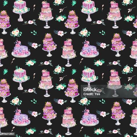 분홍색과 민트 음영 원활한 패턴 어두운 배경에 그려진 손으로 수채화 휴일 웨딩 케이크 검은색에 대한 스톡 벡터 아트 및 기타
