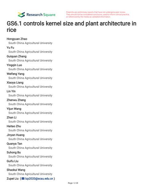 Pdf Gs61 Controls Kernel Size And Plant Architecture In Rice