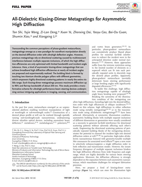 Pdf All‐dielectric Kissing‐dimer Metagratings For Asymmetric High Diffraction