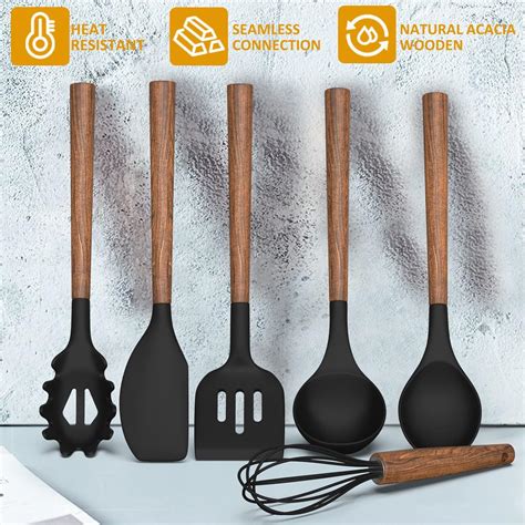 Silicone Cooking Utensil Set 8 Piece Kitchen Set With Natural Acacia