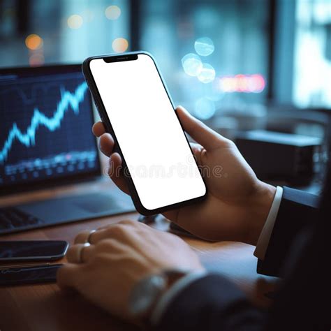 Businessman Trader Hand Holding Smartphone Mockup With Empty Screen Using Closeup Stock