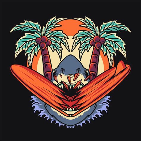 상어 휴식 서핑 보드 복고풍 벡터 일러스트 레이 션 프리미엄 벡터