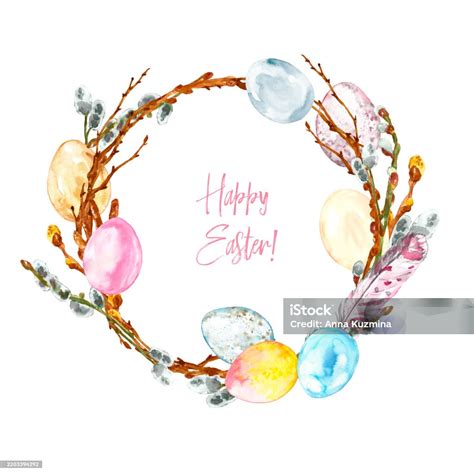 수채화 행복한 부활절 화환 그림 흰색 배경에 고립되어 있습니다 나뭇가지 색깔 있는 달걀 고양이 버드나무로 만든 장식용 원형 프레임 0명에 대한 스톡 벡터 아트 및 기타