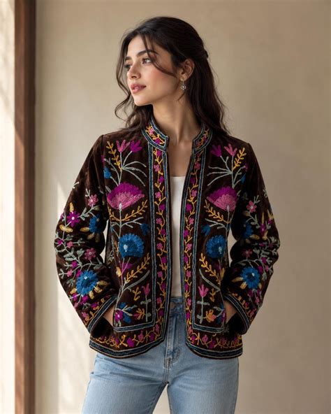 Handmade Floral Velvet Bomber Jacket Boho Cottagecore Embroidery