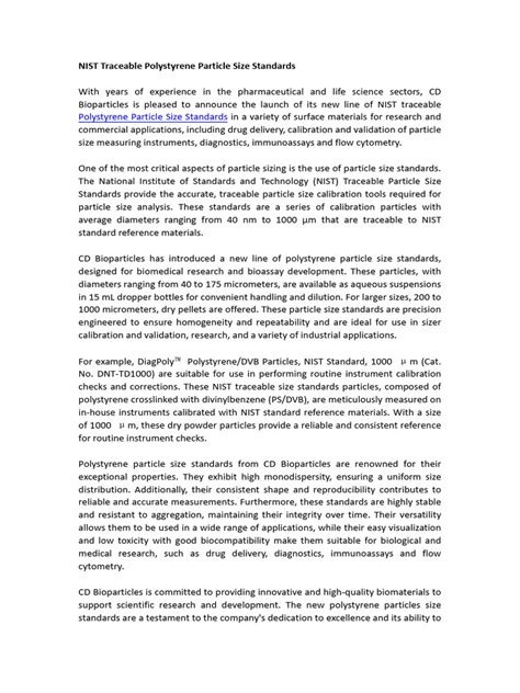 Nist Traceable Polystyrene Particle Size Standards Pdf Calibration Physical Sciences