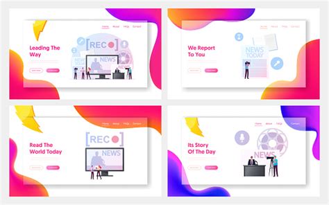 보고 방문 페이지 템플릿 집합입니다 작은 기자 기자 캐릭터 와 마이크 인터뷰 여자 에 거대한 Tv 개념에 대한 스톡 벡터 아트 및 기타 이미지 Istock