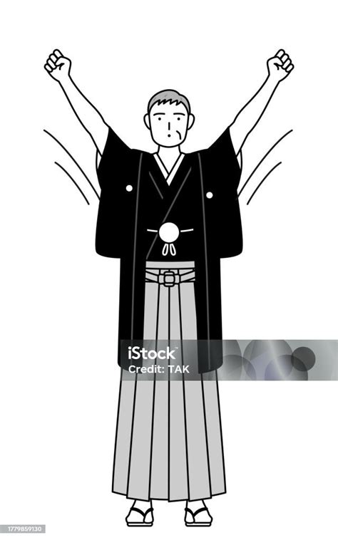 설날이나 결혼식 전파 체조를 하고 있는 문장이 있는 하카마를 입은 선배 남성 사고 방지를 위한 준비 Hatsumode에 대한 스톡 벡터 아트 및 기타 이미지 Istock