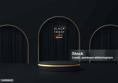 사실적인 검정색 금색 3d 실린더 받침대 연단 배경은 3개의 아치 게이트와 커튼 앞에 배치됩니다 벽 최소 장면 모형 제품 프레젠테이션 벡터 기하학적 플랫폼 쇼케이스를 위한