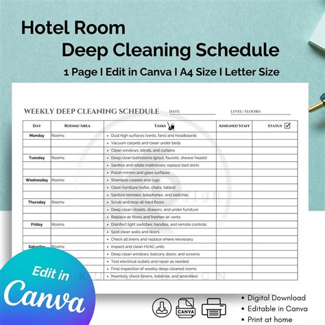 Editable Hotel Room Deep Cleaning Checklist Weekly Housekeeping