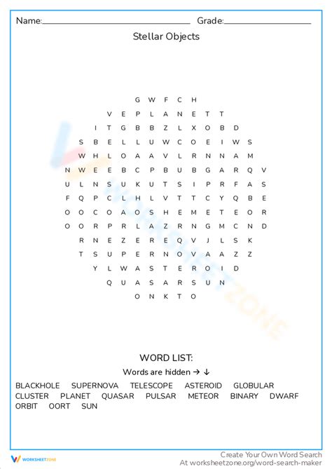Stellar Objects Worksheet
