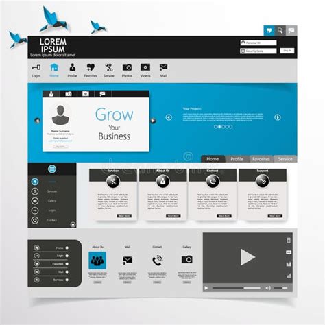 Website Ui Elements Gray And Blue Navigation Bar Buttons Slider Message Box Menu Login