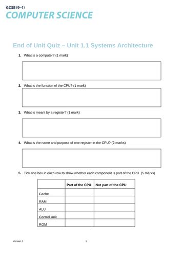 J277 Ocr Gcse Computer Science 1 1 Systems Architecture End Of Unit Test Ans Teaching Resources