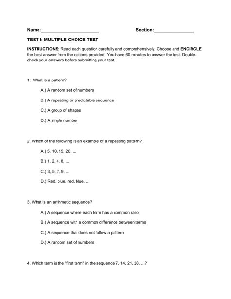 Math Test Patterns And Arithmetic Sequences