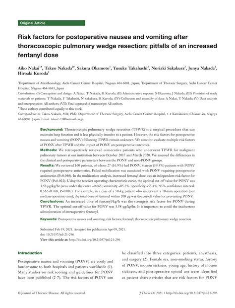 Pdf Risk Factors For Postoperative Nausea And Vomiting After Thoracoscopic Pulmonary Wedge
