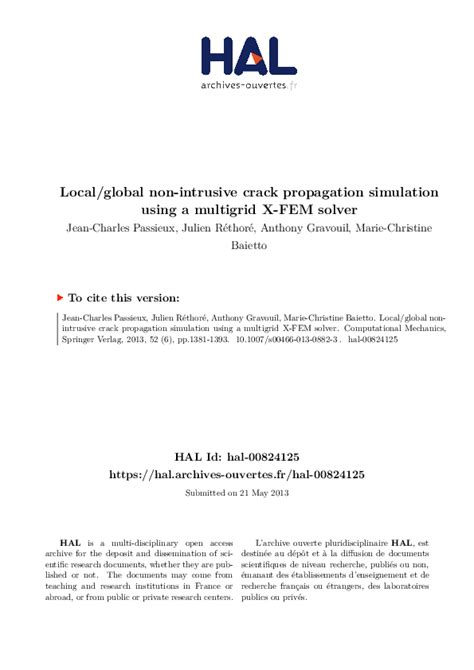 Pdf Local Global Non Intrusive Crack Propagation Simulation Using A Multigrid X Fem Solver