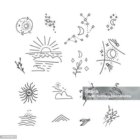 낙서 장식 요소의 컬렉션 상승 또는 설정 태양 달 구름과 별 기호 흰색 배경에 검은 색 선으로 그려진 낮과 밤 시간 그림 세트 선형 벡터 그림 로고에 대한 스톡 벡터 아트