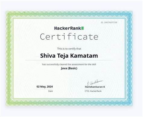 Certificate From Hackerrank In Java Shiva Teja