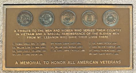 Mt Lebanon Vietnam Veterans Memorial Plaque National War Memorial