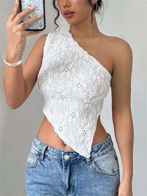 Blusa Sin Mangas Con Borde Asimétrico Bordado Hueco Y Unicolor Para