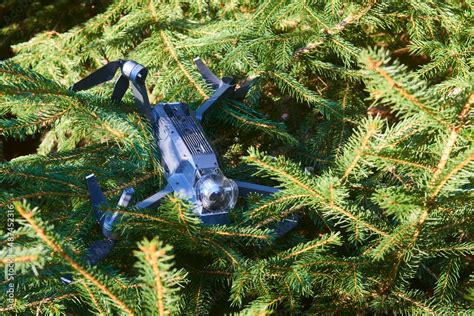 Drone Quadcopter Accident Scene UAV Quadrocopter Crashed On Tree In Forest Drone Quadcopter