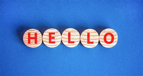 Hello Symbol Concept Word Hello On Beautiful Wooden Circles Beautiful Blue Table Blue
