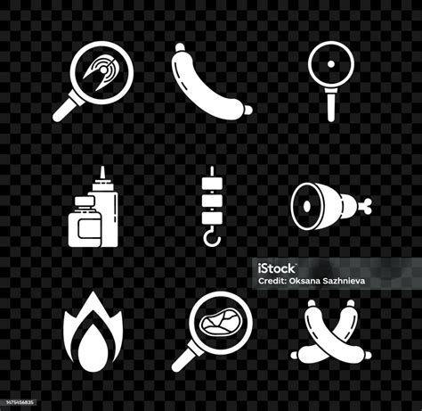 꼬치 스틱 아이콘에 프라이팬 소시지 튀김 불 불꽃 스테이크 고기 교차 소시지 소스 병 및 구운 Shish 케밥에 생선 스테이크를 설정합니다 벡터 검은색에 대한 스톡 벡터