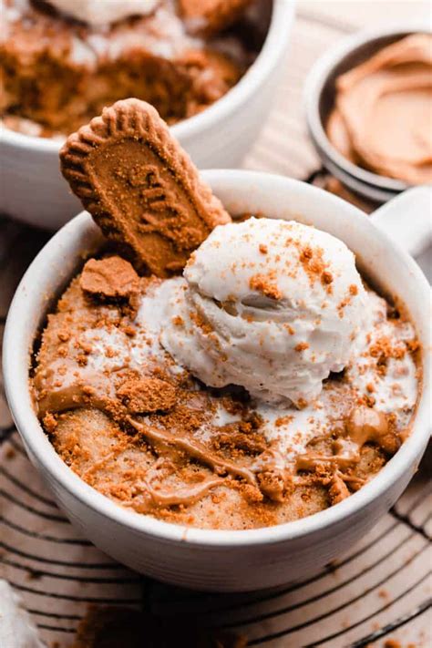 Biscoff Mug Cake With Cookie Butter Drizzle Blue Bowl