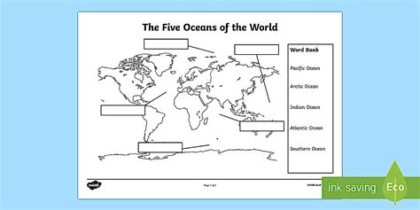 Five Oceans On World Map Oceans Map Labelling Activity