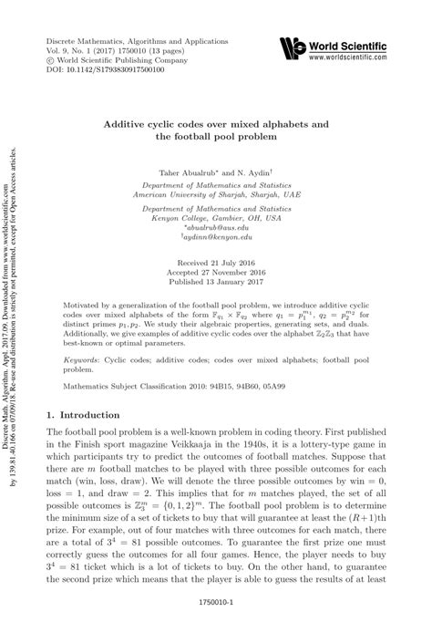 Pdf Additive Cyclic Codes Over Mixed Alphabets And The Football Pool Problem