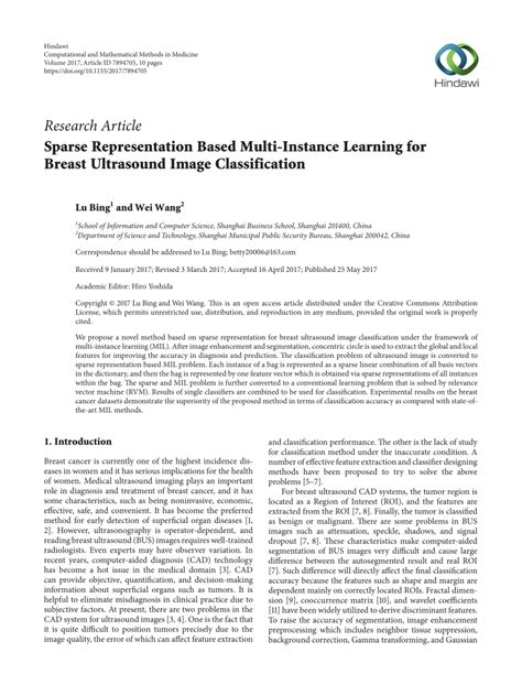 Pdf Sparse Representation Based Multi Instance Learning For Breast Ultrasound Image Classification