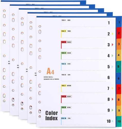 A4 1 10 Numbered Index Divider Multi Coloured Tabs Pack Of 5 Uk Stationery