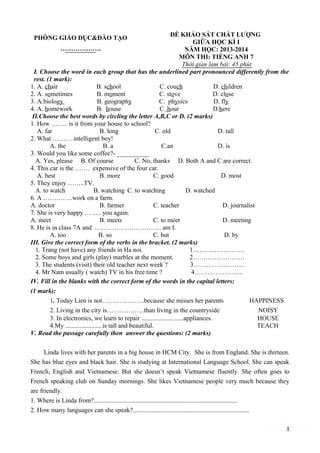Thi giữa hki tiếng anh lớp 7 (with key) | DOC