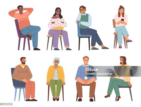 의자에 앉아있는 편안하고 행복한 인물 벡터 평면 만화 캐릭터 와 얼굴 와 미소 다른 연령대의 남성과 여성을 포즈를 취하고 있습니다 클리닉의 손님이나 고객님 건강한 시민