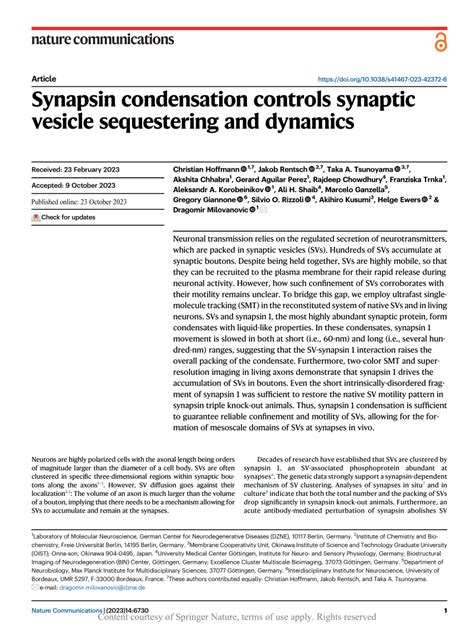 Pdf Synapsin Condensation Controls Synaptic Vesicle Sequestering And Dynamics