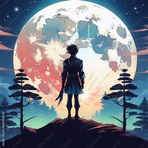 배경에 큰 달이 있는 숲이 내려다보이는 언덕에 서 있는 여장부 실루엣 아니메 素材庫插圖 Adobe Stock