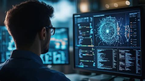Cybersecurity Specialist Analyzing Data On Computer Screen Premium Ai