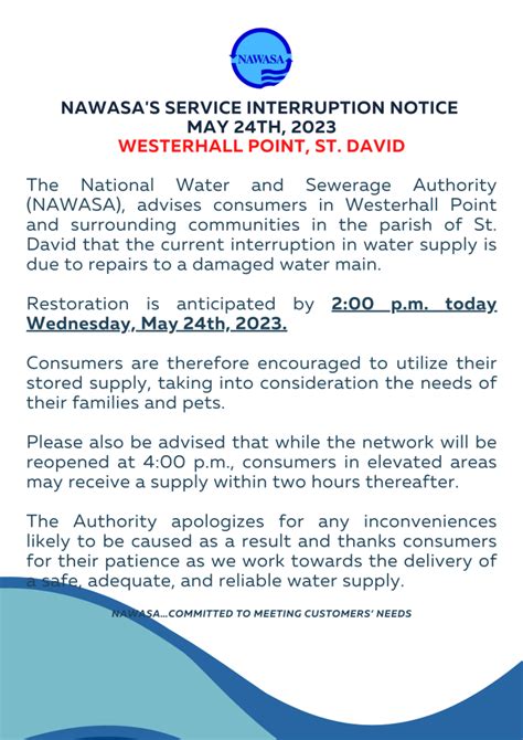 Nawasas Service Interruption Notice Westerhall Point St David