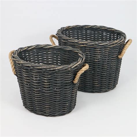 Rattan Thick Oval Baskets Set Of 2 Dark Grey Wash Jambo Imports And Exports