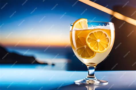 Premium Photo A Glass Of Lemonade With A Sunset In The Background