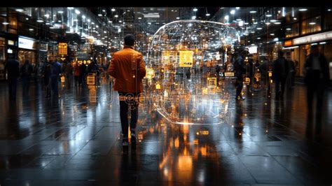 A Futuristic Businessman Walks Through A Digital Data Corridor Filled