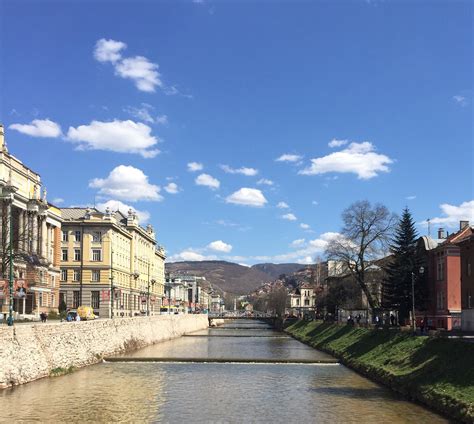 Miljacka River Sarajevo Bosnia And Herzegovina In Front Of The National Theater Of Sarajevo