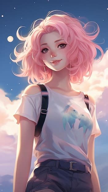 Premium Ai Image A Girl With Pink Hair And A White Shirt With Pink Eyes