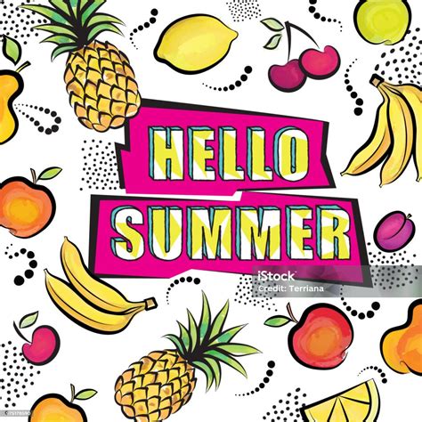 점선 패턴 팝 아트 글자와 그린된 열 대 과일 세트 여름 카드 배경 안녕하세요 1980 1989 년에 대한 스톡 벡터 아트 및 기타 이미지 1980 1989 년