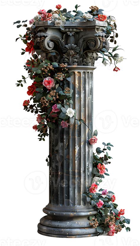 Ai Generated Ancient Greek Column Wrapped In Plants And Flowers Png