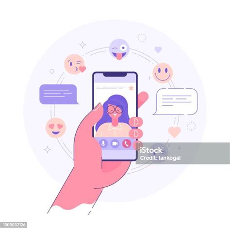 화상 채팅 응용 프로그램 개념입니다 남성 손 디스플레이에 젊은 여자와 스마트 전화를 들고 평면 벡터 일러스트입니다 휴대전화에 대한 스톡 벡터 아트 및 기타 이미지 Istock