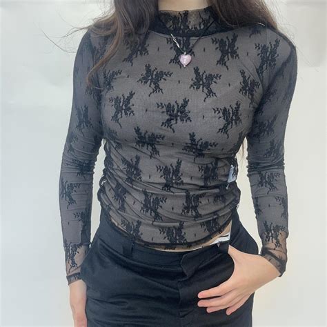 Cute Mesh Lace Long Sleeve Top 🌞 Size 68 Pit Depop