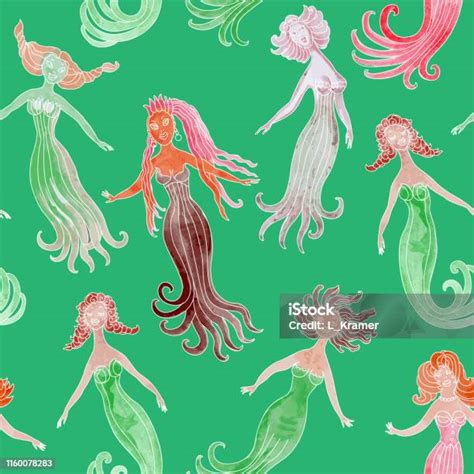 녹색 배경에 유머 인어 원활한 패턴입니다 다른 인종과 피규어 유형의 여성 만화 캐릭터가 수중 수영 바디 긍정적 인 바틱 인쇄 몸 개념 벽지를 사랑 0명에 대한 스톡 벡터